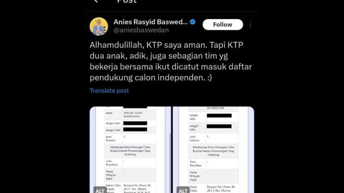 Anies Ungkap KTP Anak Dicatut Dharma Pongrekun di Pilgub Jakarta